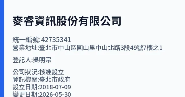 麥睿資訊股份有限公司的照片-統編 42735341(臺北市) 公司登記資料與營業項目詳細圖表