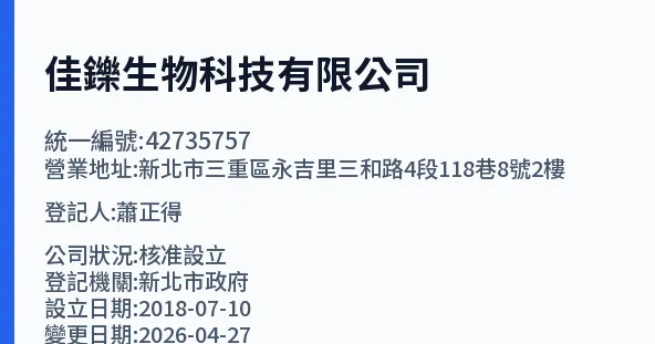 佳鑠生物科技有限公司的照片-統編 42735757(新北市) 公司登記資料與營業項目詳細圖表
