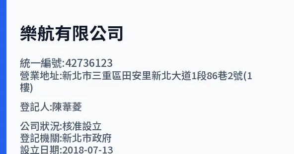 樂航有限公司的照片-統編 42736123(新北市) 公司登記資料與營業項目詳細圖表