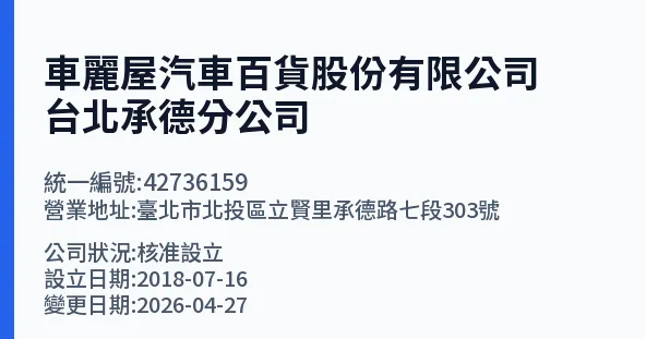 車麗屋汽車百貨股份有限公司台北承德分公司的照片-統編 42736159(臺北市) 公司登記資料與營業項目詳細圖表
