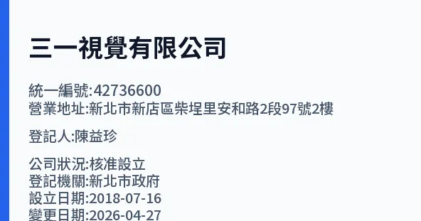 三一視覺有限公司的照片-統編 42736600(新北市) 公司登記資料與營業項目詳細圖表