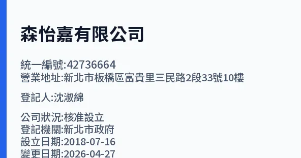 森怡嘉有限公司的照片-統編 42736664(新北市) 公司登記資料與營業項目詳細圖表