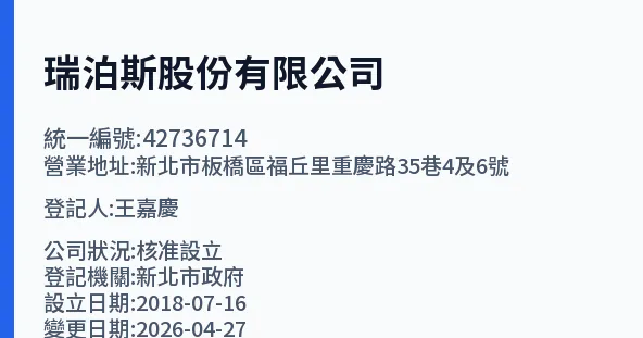 瑞泊斯股份有限公司的照片-統編 42736714(新北市) 公司登記資料與營業項目詳細圖表