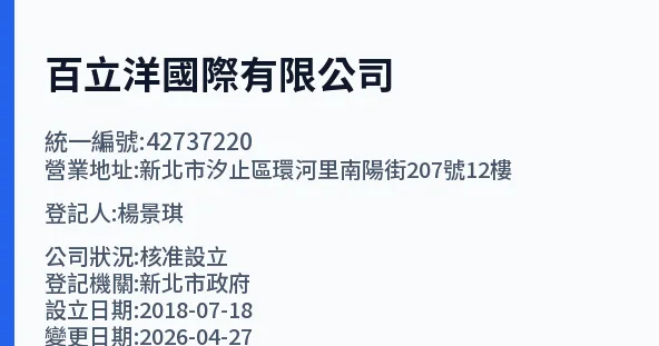 百立洋國際有限公司的照片-統編 42737220(新北市) 公司登記資料與營業項目詳細圖表