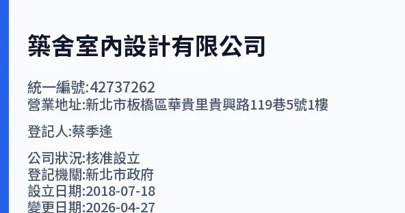 築舍室內設計有限公司的照片-統編 42737262(新北市) 公司登記資料與營業項目詳細圖表