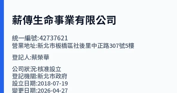 薪傳生命事業有限公司的照片-統編 42737621(新北市) 公司登記資料與營業項目詳細圖表