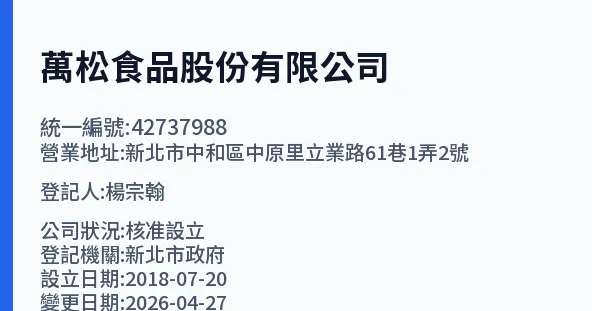 萬松食品股份有限公司的照片-統編 42737988(新北市) 公司登記資料與營業項目詳細圖表