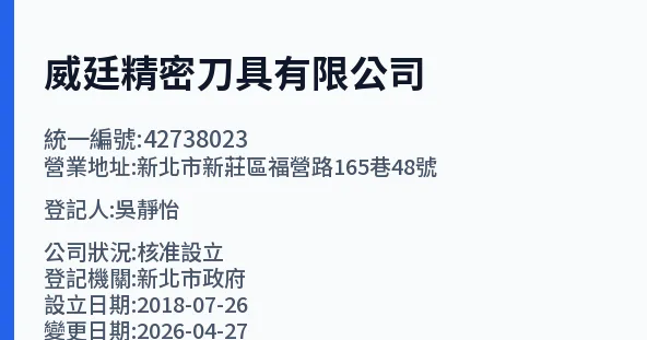 威廷精密刀具有限公司的照片-統編 42738023(新北市) 公司登記資料與營業項目詳細圖表