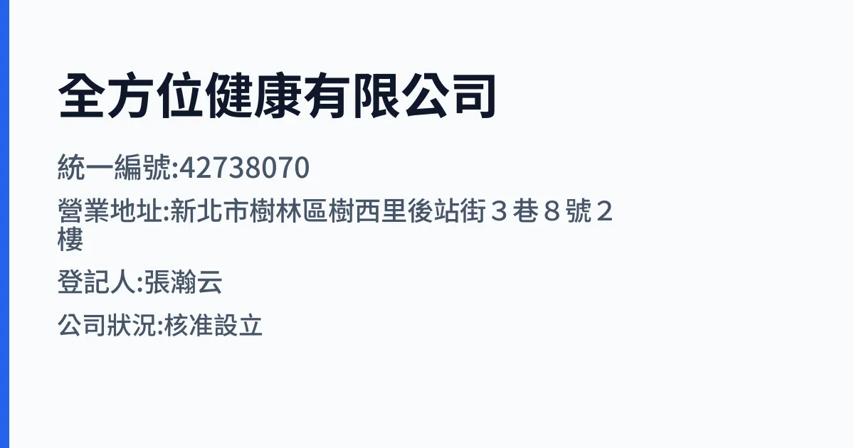 全方位健康有限公司 - 統編 42738070(新北市) 公司登記資料與營業項目詳細圖表