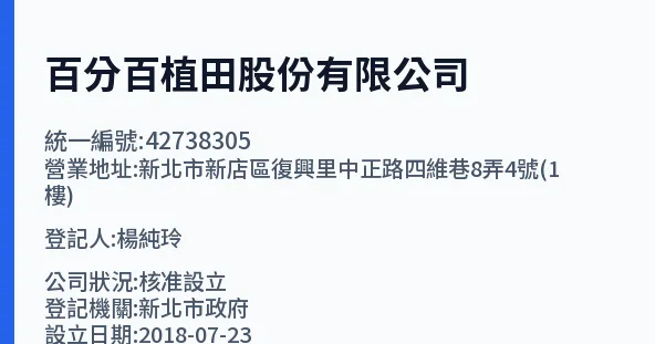 百分百植田股份有限公司的照片-統編 42738305(新北市) 公司登記資料與營業項目詳細圖表