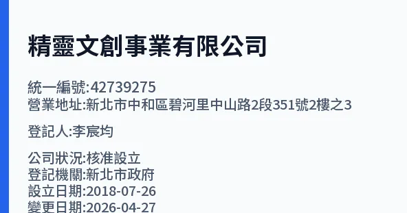 精靈文創事業有限公司的照片-統編 42739275(新北市) 公司登記資料與營業項目詳細圖表