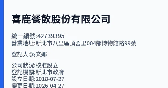 喜鹿餐飲股份有限公司的照片-統編 42739395(新北市) 公司登記資料與營業項目詳細圖表