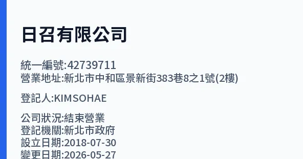 日召有限公司的照片-統編 42739711(新北市) 公司登記資料與營業項目詳細圖表