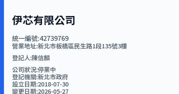 伊芯有限公司的照片-統編 42739769(新北市) 公司登記資料與營業項目詳細圖表