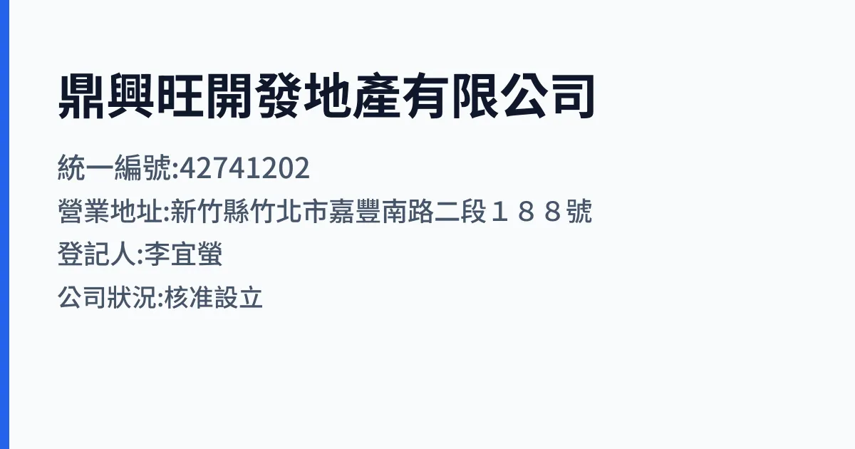 鼎興旺開發地產有限公司 - 統編 42741202(新竹縣) 公司登記資料與營業項目詳細圖表