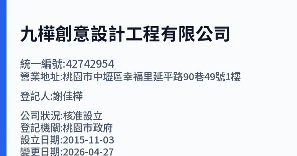 九樺創意設計工程有限公司的照片-統編 42742954(桃園市) 公司登記資料與營業項目詳細圖表