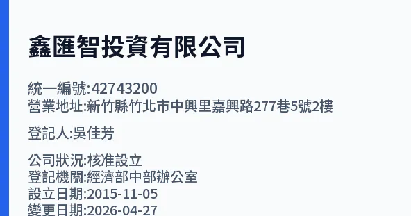 鑫匯智投資有限公司的照片-統編 42743200(新竹縣) 公司登記資料與營業項目詳細圖表