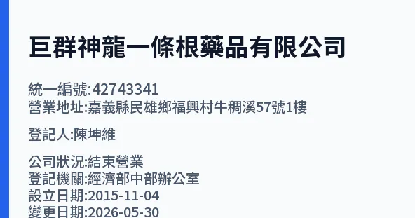 巨群神龍一條根藥品有限公司的照片-統編 42743341(嘉義縣) 公司登記資料與營業項目詳細圖表