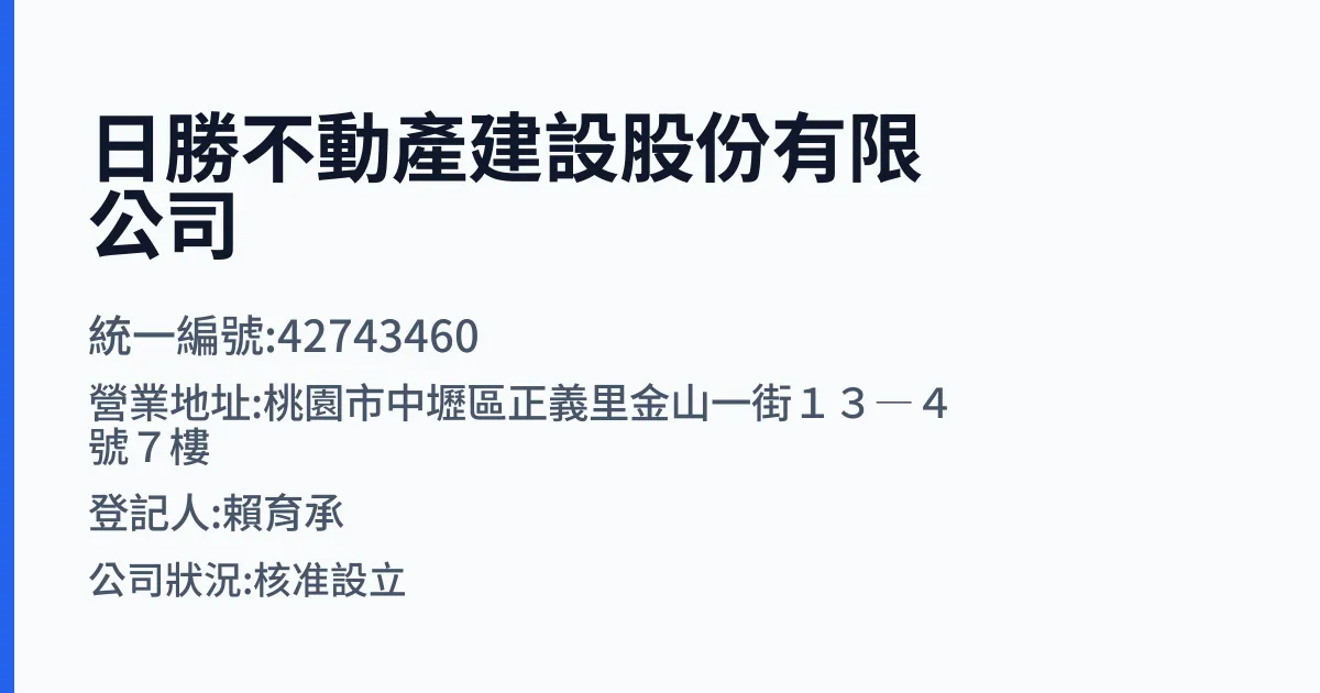 日勝不動產建設股份有限公司 - 統編 42743460(桃園市) 公司登記資料與營業項目詳細圖表