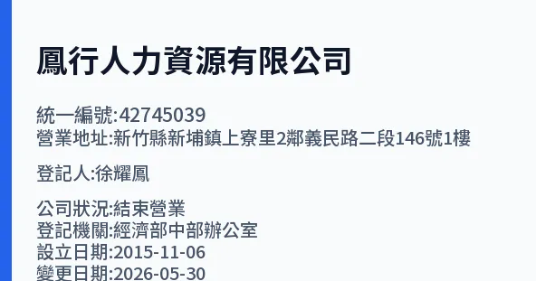 鳳行人力資源有限公司的照片-統編 42745039(新竹縣) 公司登記資料與營業項目詳細圖表