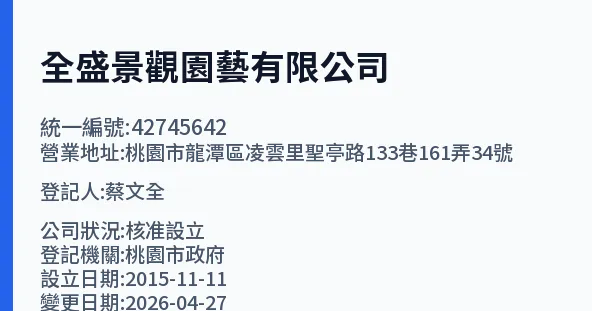 全盛景觀園藝有限公司的照片-統編 42745642(桃園市) 公司登記資料與營業項目詳細圖表