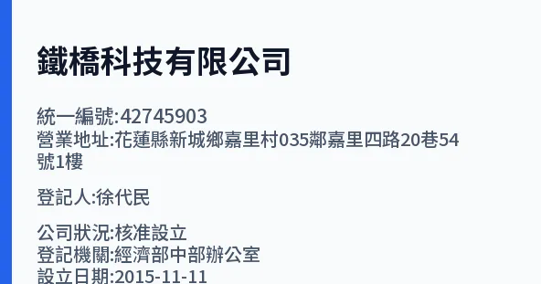 鐵橋科技有限公司的照片-統編 42745903(花蓮縣) 公司登記資料與營業項目詳細圖表