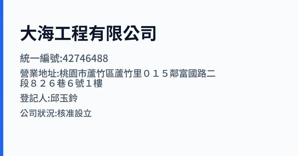 大海工程有限公司 - 統編 42746488(桃園市) 公司登記資料與營業項目詳細圖表