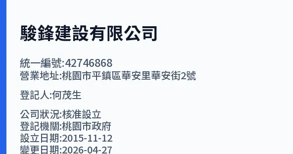 駿鋒建設有限公司的照片-統編 42746868(桃園市) 公司登記資料與營業項目詳細圖表