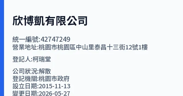 欣博凱有限公司的照片-統編 42747249(桃園市) 公司登記資料與營業項目詳細圖表