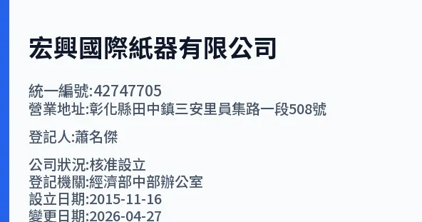 宏興國際紙器有限公司的照片-統編 42747705(彰化縣) 公司登記資料與營業項目詳細圖表