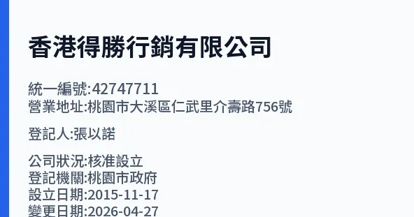 香港得勝行銷有限公司的照片-統編 42747711(桃園市) 公司登記資料與營業項目詳細圖表