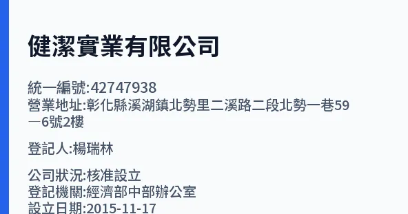 健潔實業有限公司的照片-統編 42747938(彰化縣) 公司登記資料與營業項目詳細圖表