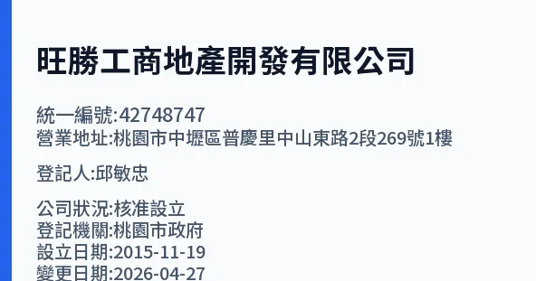旺勝工商地產開發有限公司的照片-統編 42748747(桃園市) 公司登記資料與營業項目詳細圖表