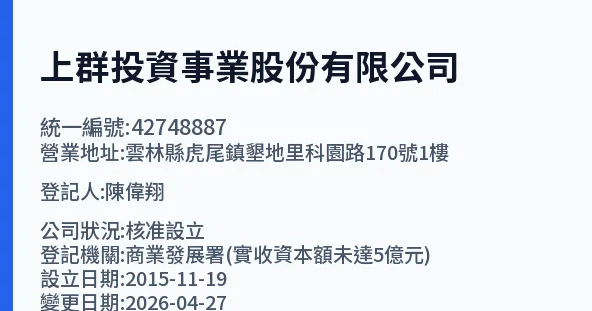 上群投資事業股份有限公司的照片-統編 42748887(雲林縣) 公司登記資料與營業項目詳細圖表