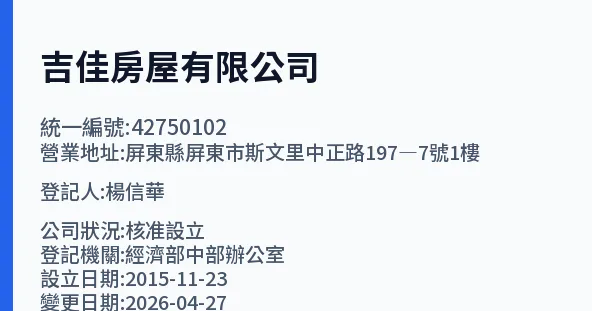 吉佳房屋有限公司的照片-統編 42750102(屏東縣) 公司登記資料與營業項目詳細圖表