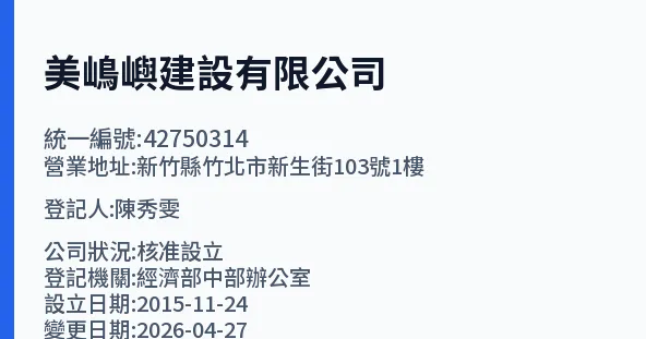 美嶋嶼建設有限公司的照片-統編 42750314(新竹縣) 公司登記資料與營業項目詳細圖表