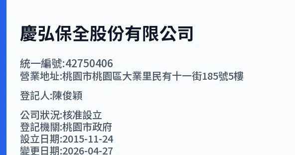 慶弘保全股份有限公司的照片-統編 42750406(桃園市) 公司登記資料與營業項目詳細圖表