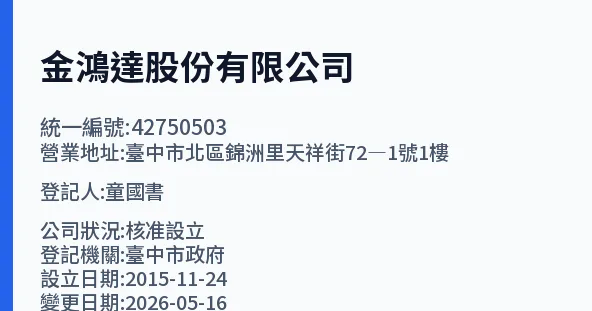 金鴻達股份有限公司的照片-統編 42750503(臺中市) 公司登記資料與營業項目詳細圖表