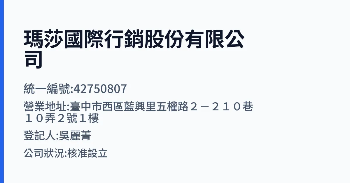 瑪莎國際行銷股份有限公司 - 統編 42750807(臺中市) 公司登記資料與營業項目詳細圖表