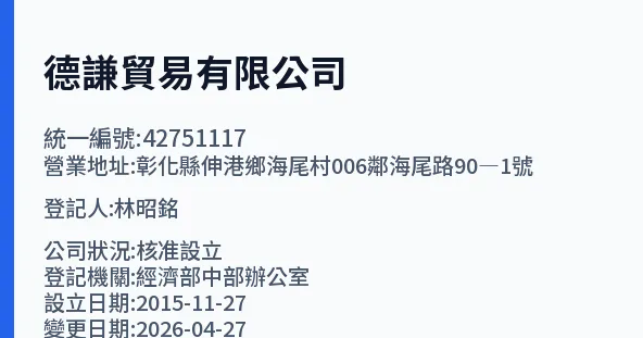 德謙貿易有限公司的照片-統編 42751117(彰化縣) 公司登記資料與營業項目詳細圖表