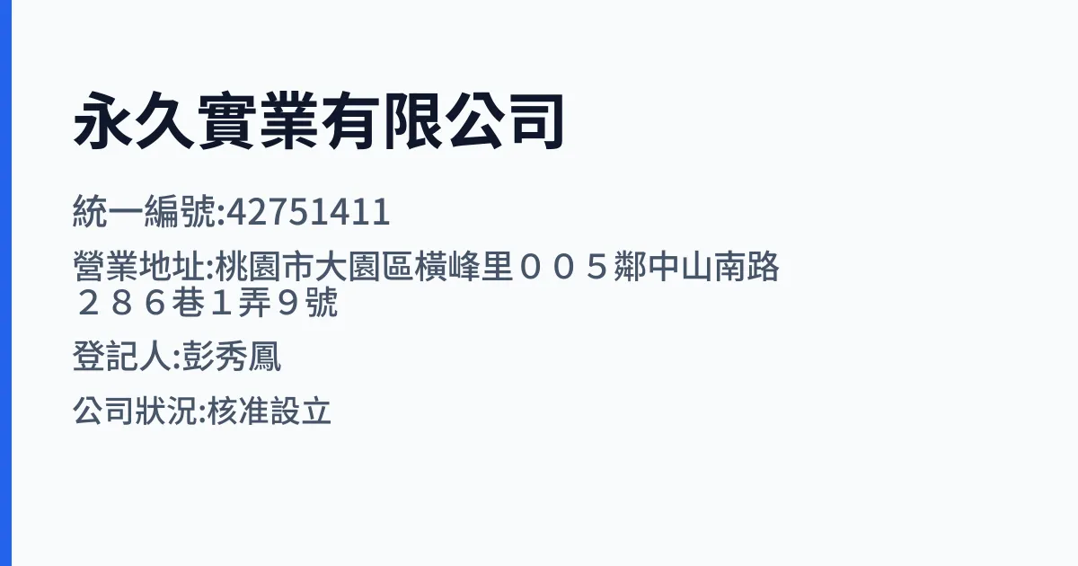 永久實業有限公司 - 統編 42751411(桃園市) 公司登記資料與營業項目詳細圖表