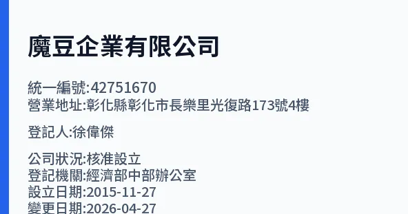 魔豆企業有限公司的照片-統編 42751670(彰化縣) 公司登記資料與營業項目詳細圖表