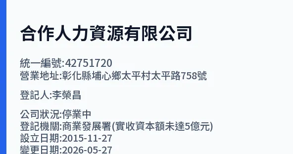 合作人力資源有限公司的照片-統編 42751720(彰化縣) 公司登記資料與營業項目詳細圖表