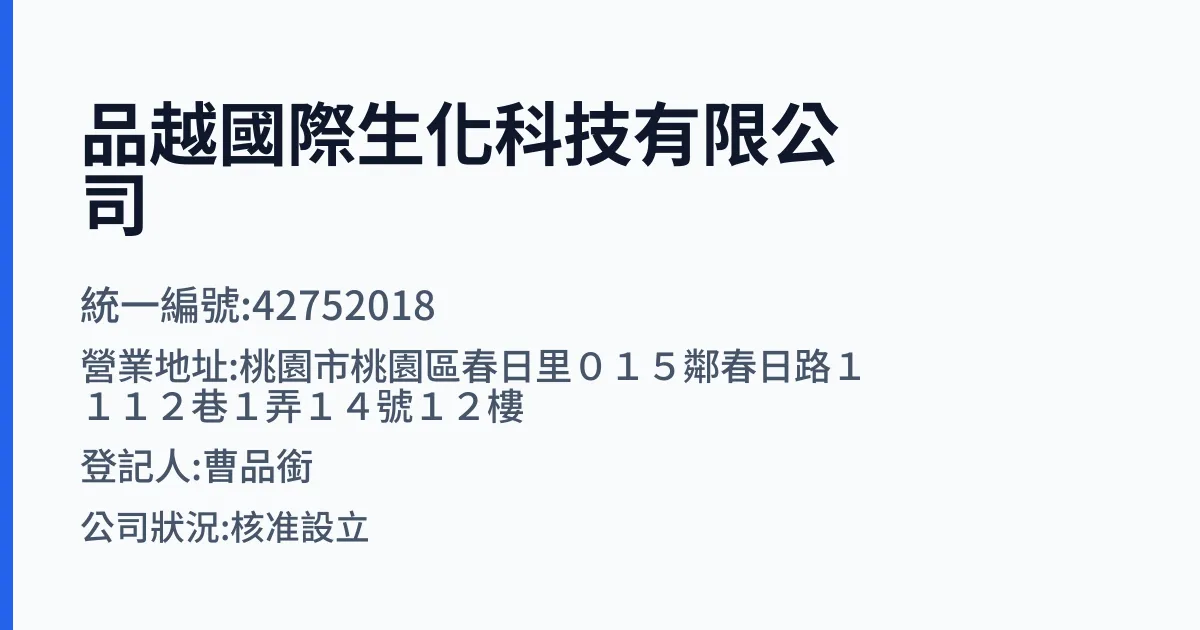 品越國際生化科技有限公司 - 統編 42752018(桃園市) 公司登記資料與營業項目詳細圖表