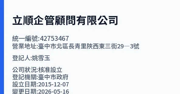 立順企管顧問有限公司的照片-統編 42753467(臺中市) 公司登記資料與營業項目詳細圖表