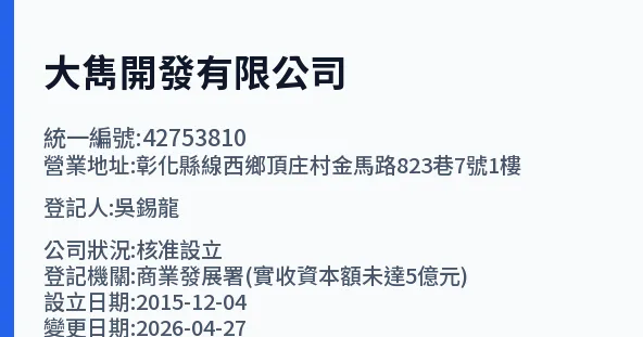 大雋開發有限公司的照片-統編 42753810(彰化縣) 公司登記資料與營業項目詳細圖表