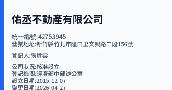 佑丞不動產有限公司的照片-統編 42753945(新竹縣) 公司登記資料與營業項目詳細圖表