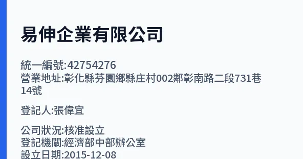 易伸企業有限公司的照片-統編 42754276(彰化縣) 公司登記資料與營業項目詳細圖表