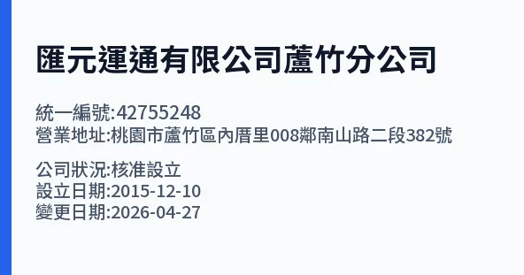 匯元運通有限公司蘆竹分公司的照片-統編 42755248(桃園市) 公司登記資料與營業項目詳細圖表