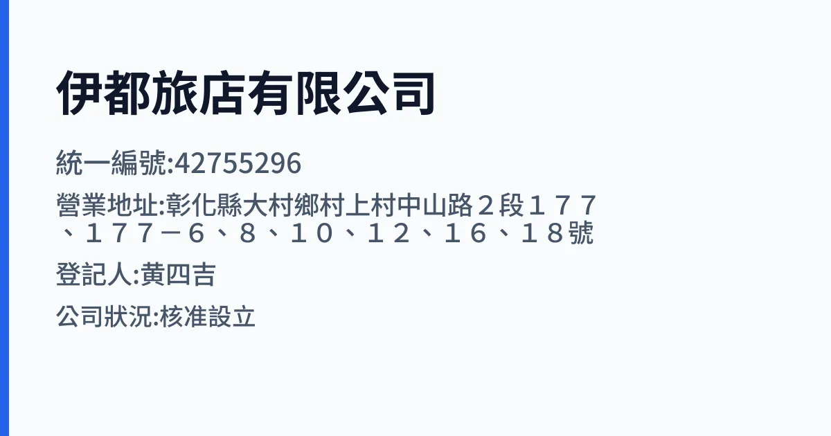 伊都旅店有限公司 - 統編 42755296(彰化縣) 公司登記資料與營業項目詳細圖表